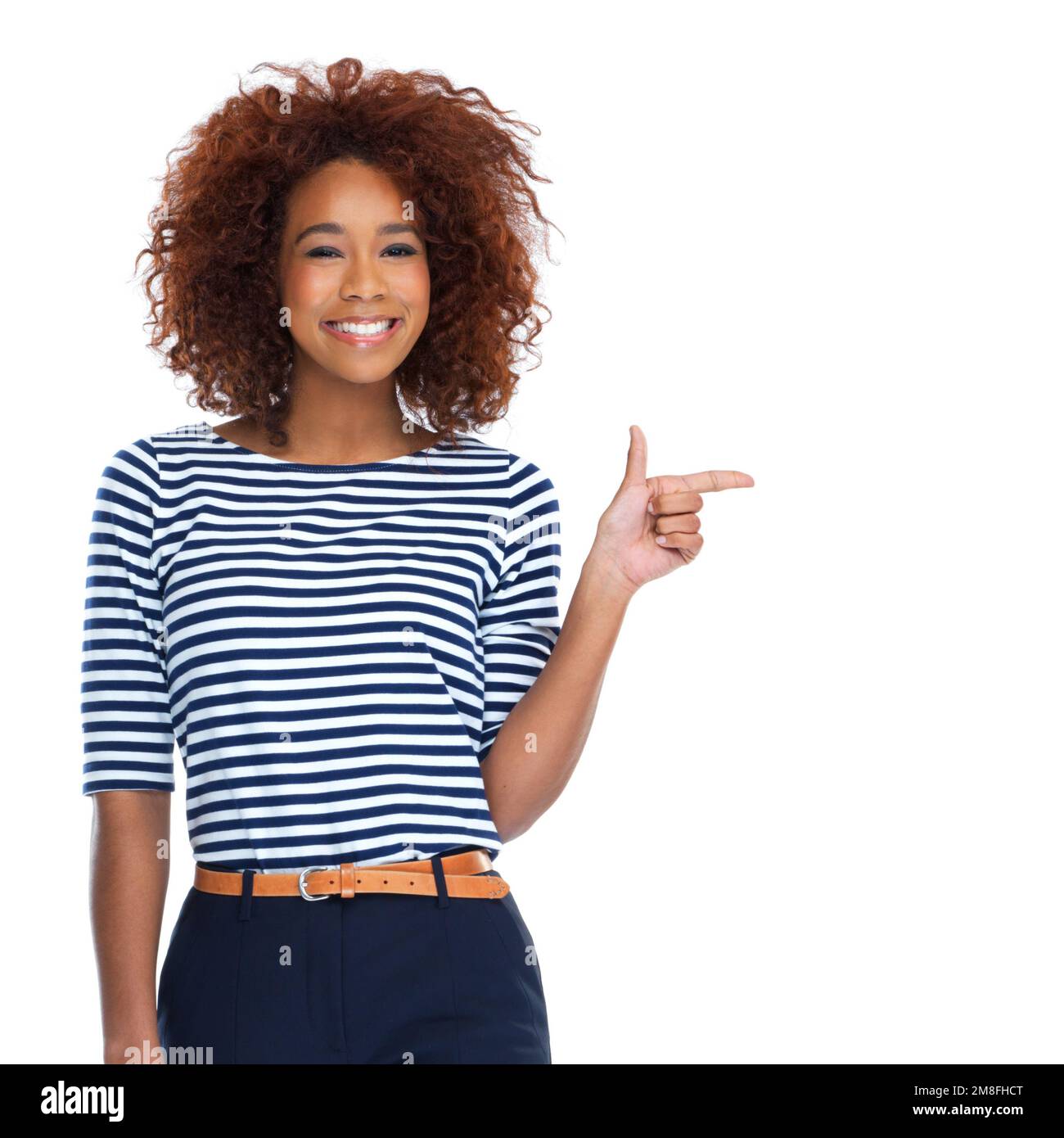 Mockup, portrait and black woman, pointing or happy with female ...