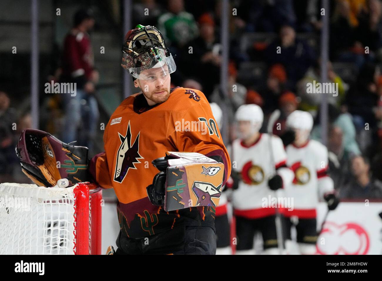 Arizona Coyotes goaltender Karel Vejmelka, left, pauses after giving up ...