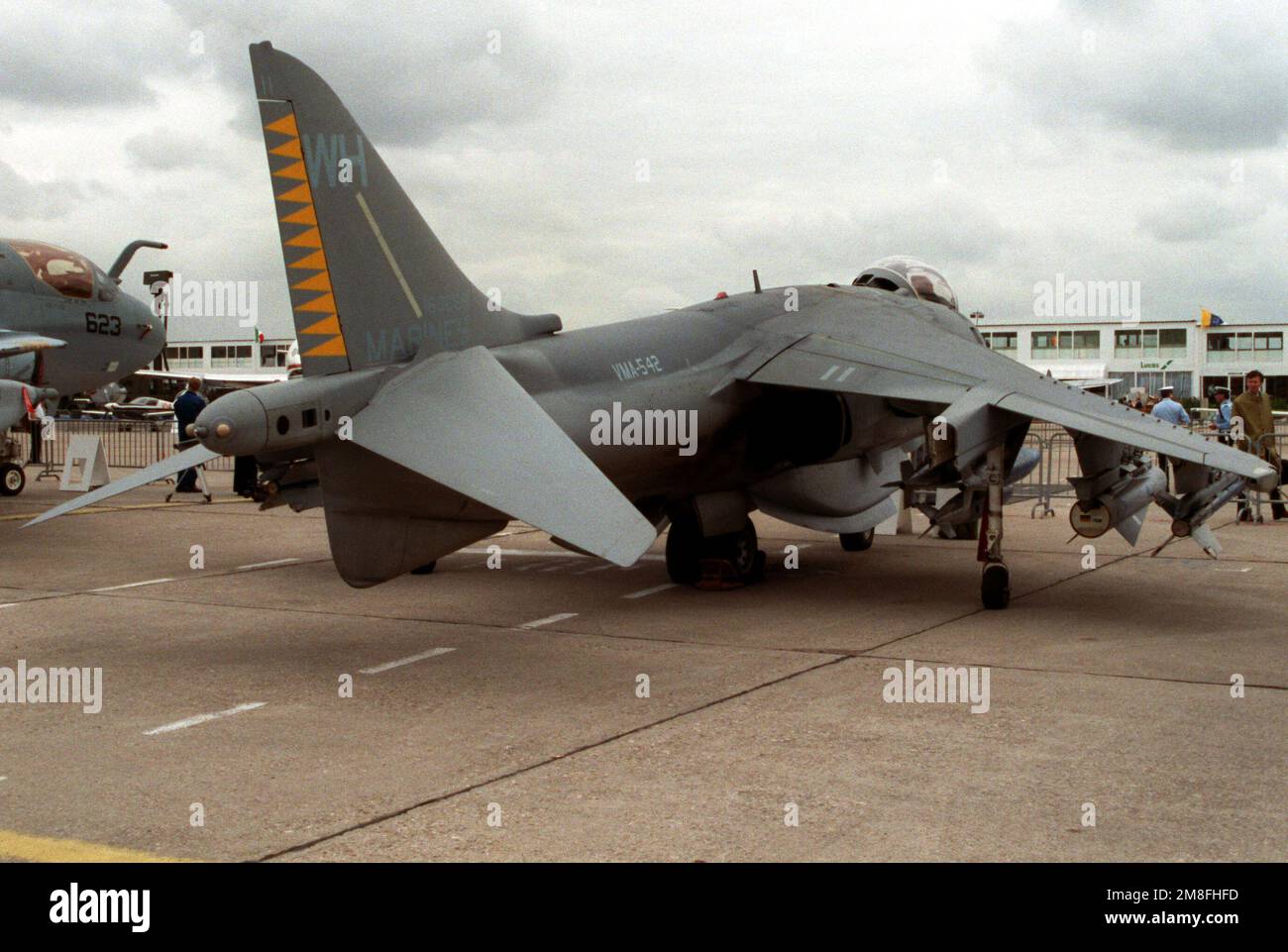 A Marine Attack Squadron 542 (VMA-542) AV-8B Harrier II aircraft stands ...
