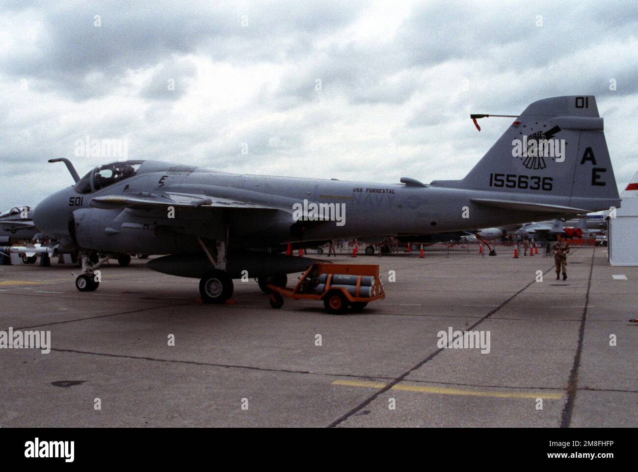 An A-6E Intruder aircraft of Attack Squadron 176 (VA-176) stands on the ...