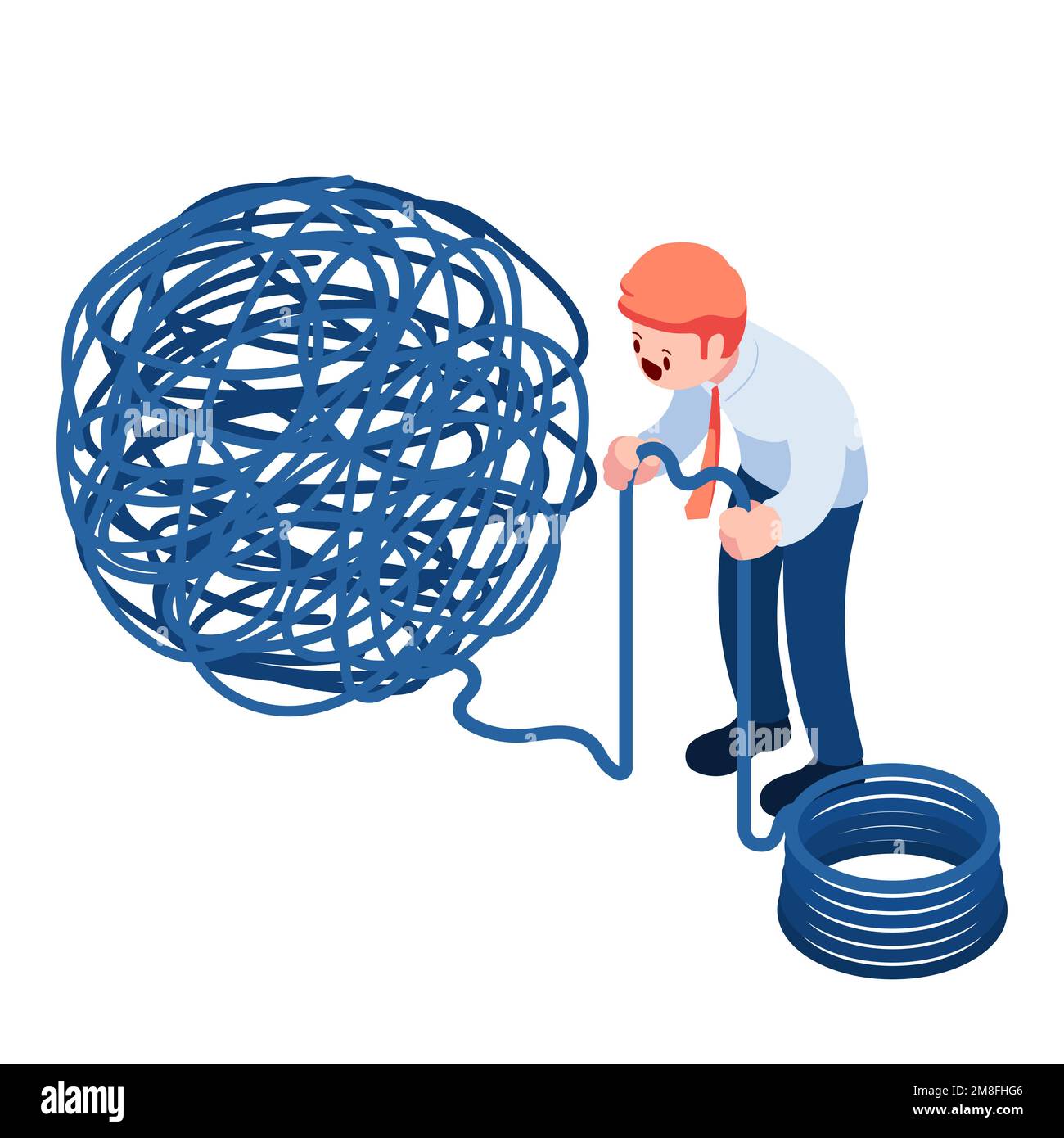 Flat 3d Isometric Businessman Trying to Organize Tangled Line. Solving ...
