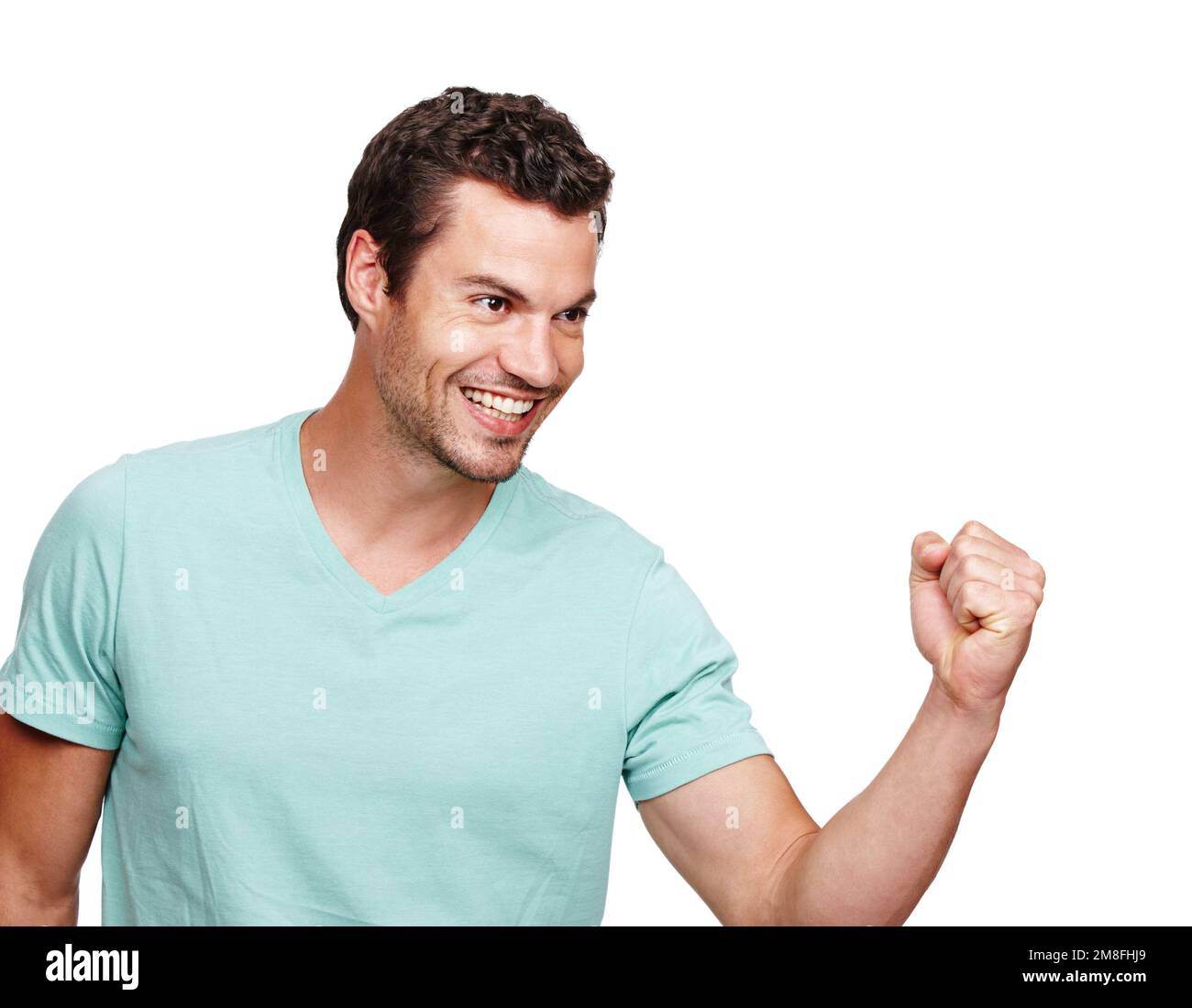 Happy man, cheerful and smile in celebration for winning, discount or ...