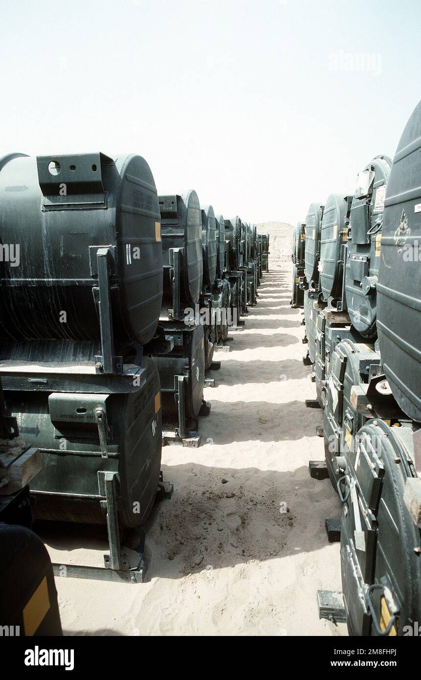 Ordnance containers are stacked at Ammo Supply Point 3 near Mishab in ...