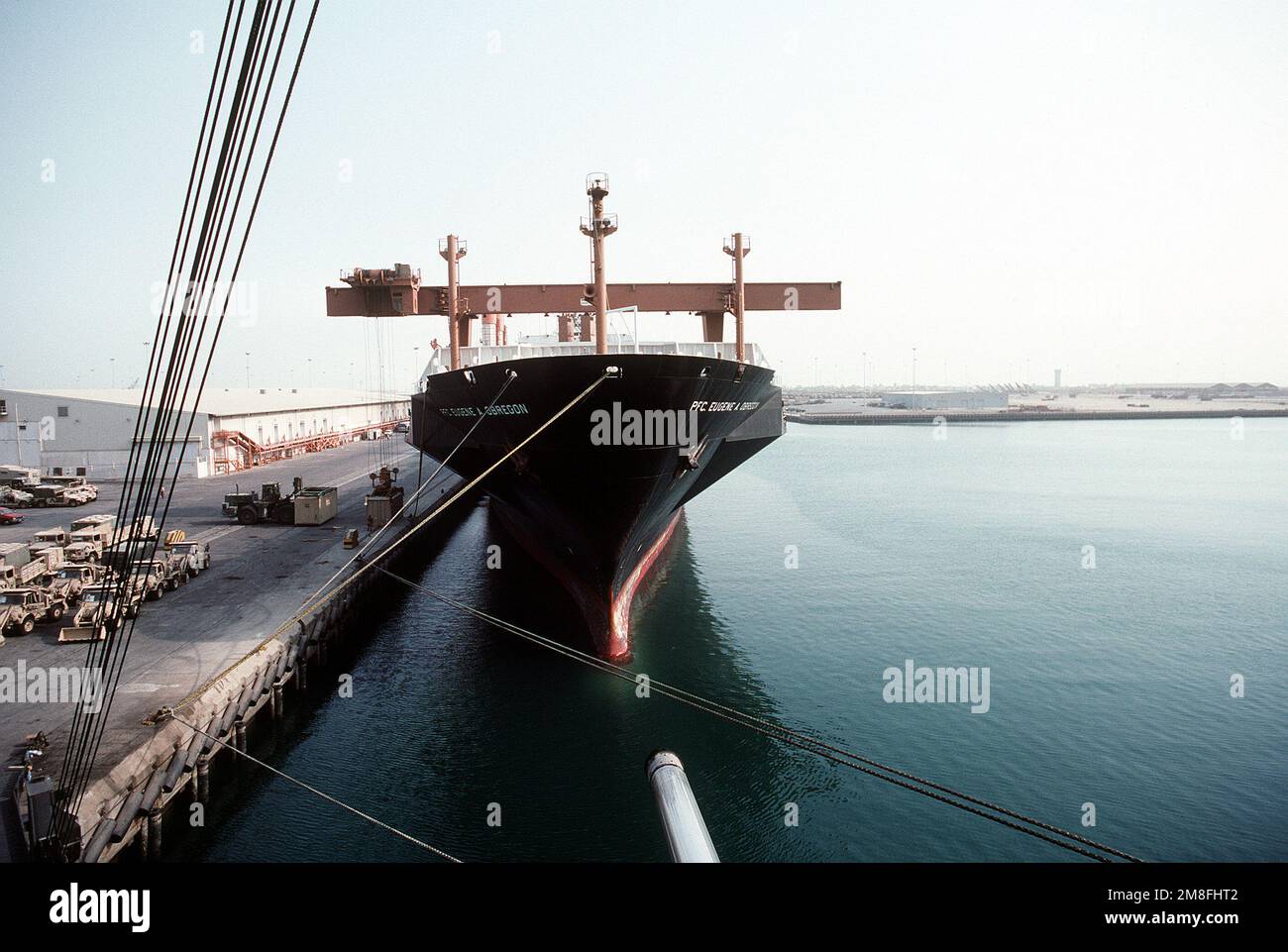 The maritime pre-positioning ship PFC. Eugene A. Obregon (T-AK-3005) is ...