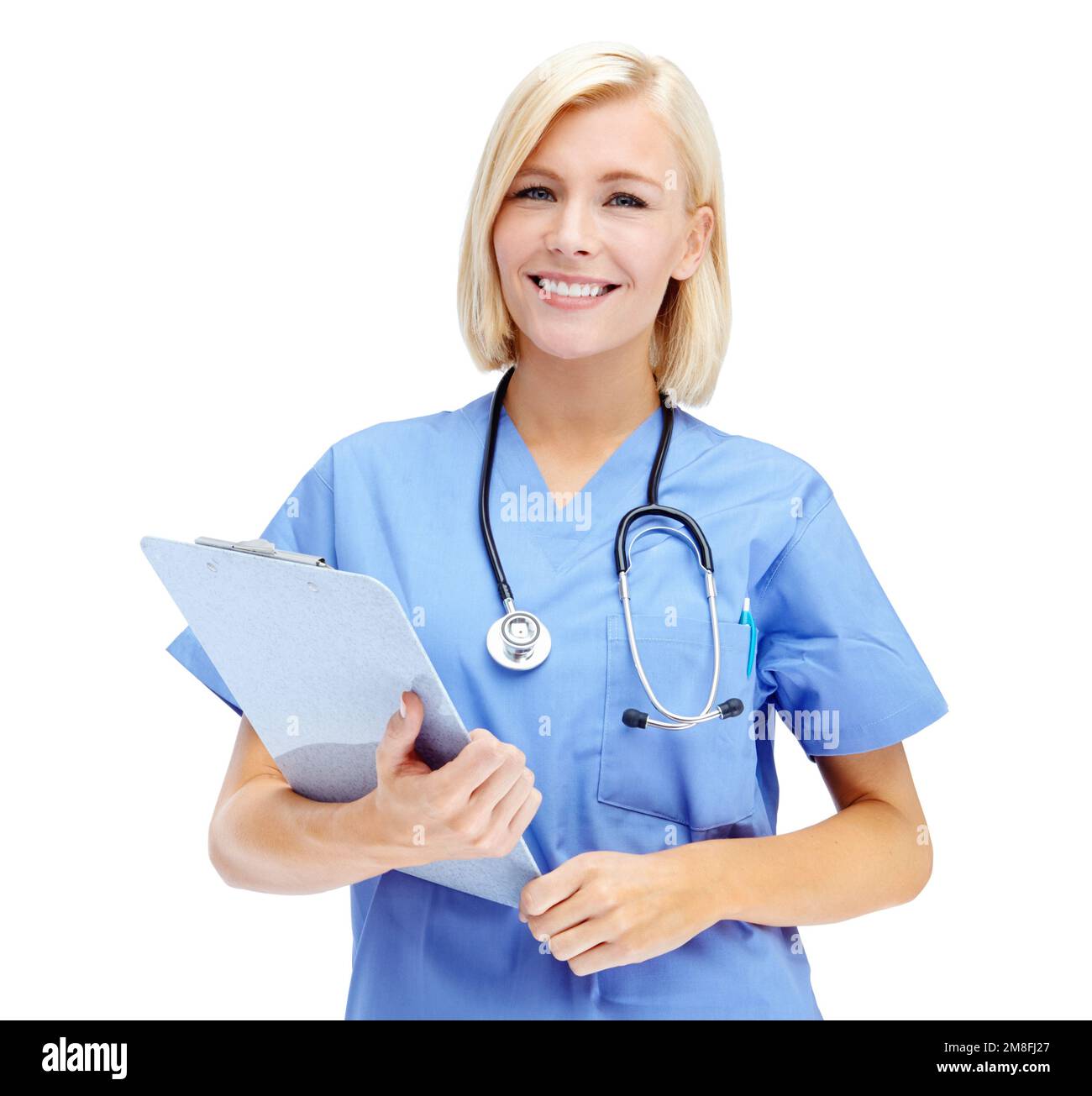 Portrait, health and documents with a nurse woman in studio isolated on ...
