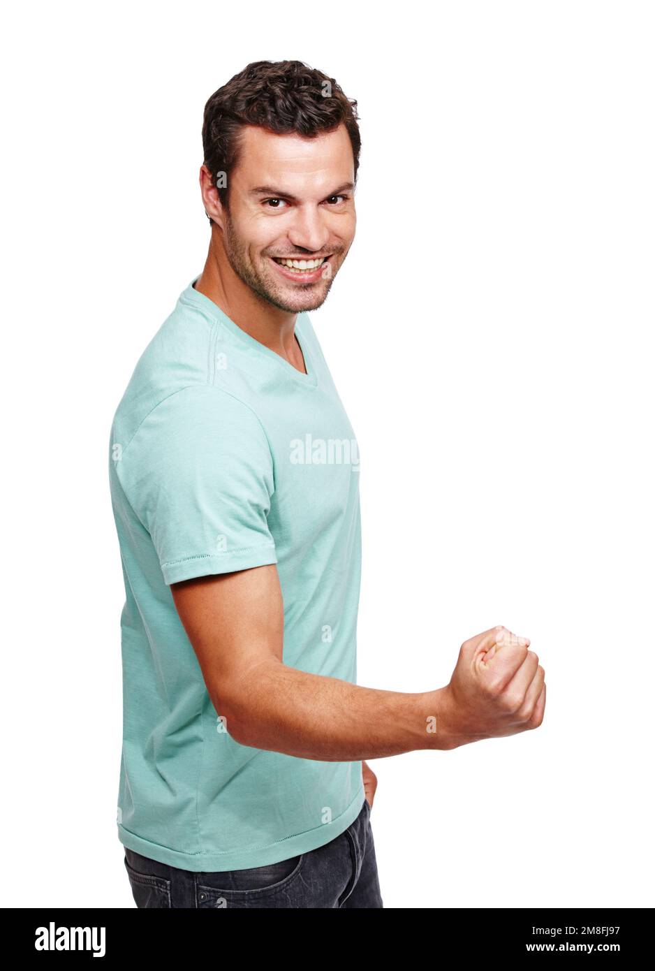 Portrait, man and fist for success, winning and young guy isolated on ...