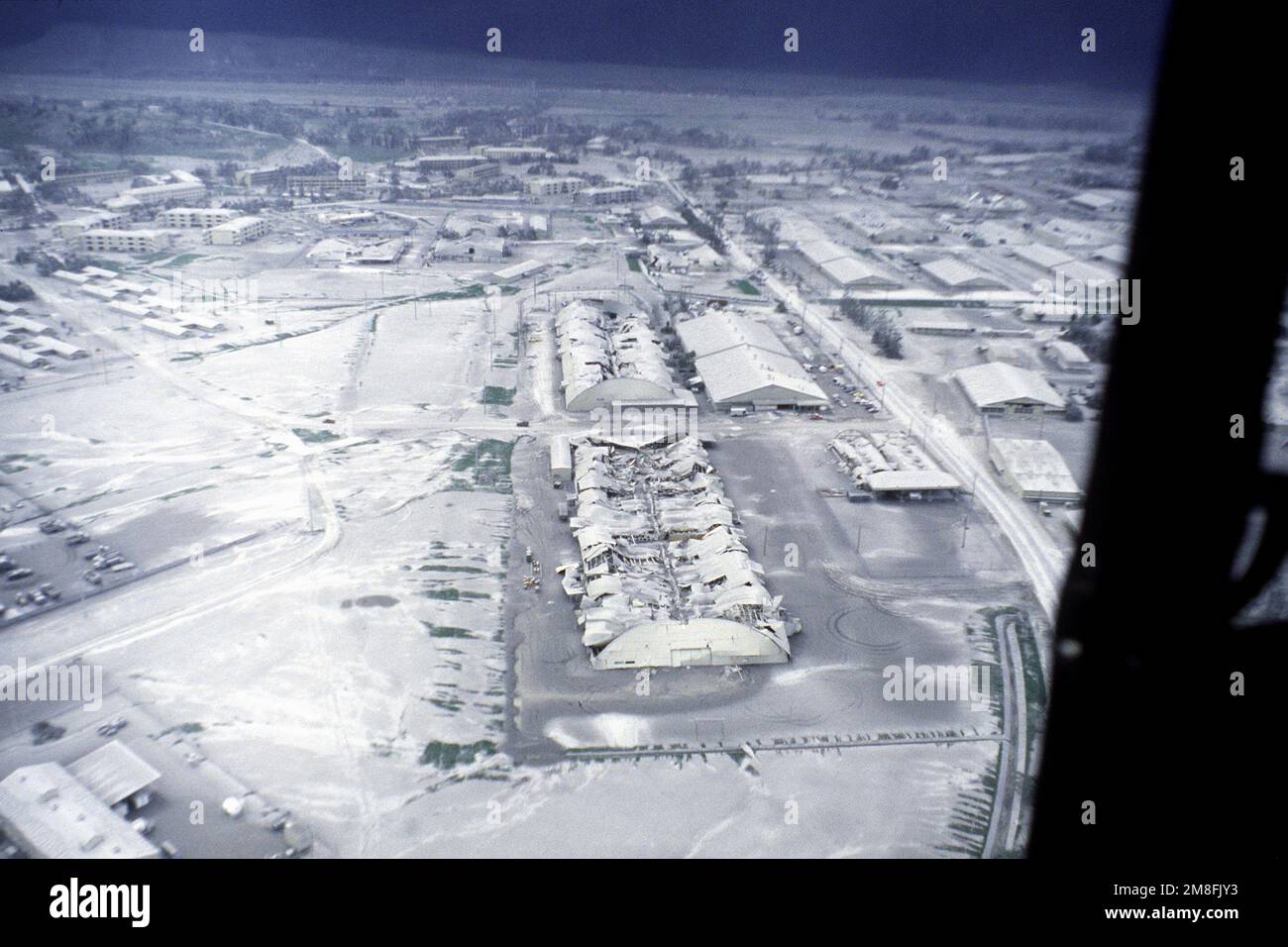 An aerial view of a portion of the base, showing engine shop ...