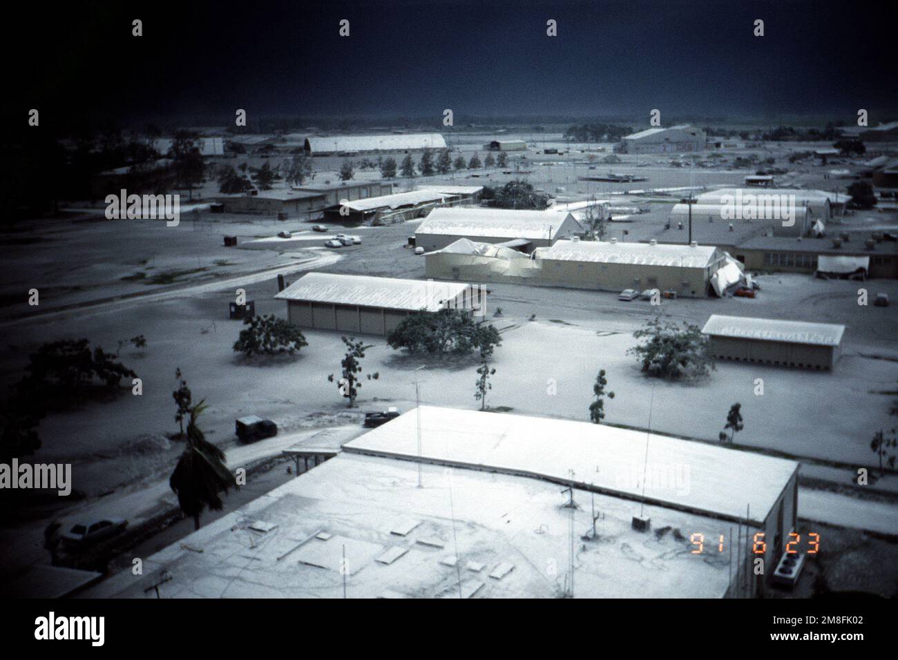 An aerial view of a portion of the base, showing buildings near the ...
