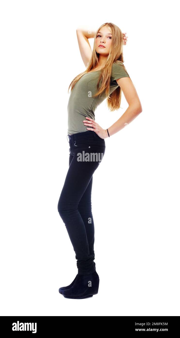 Full body, fashion and portrait of woman in studio on white background ...