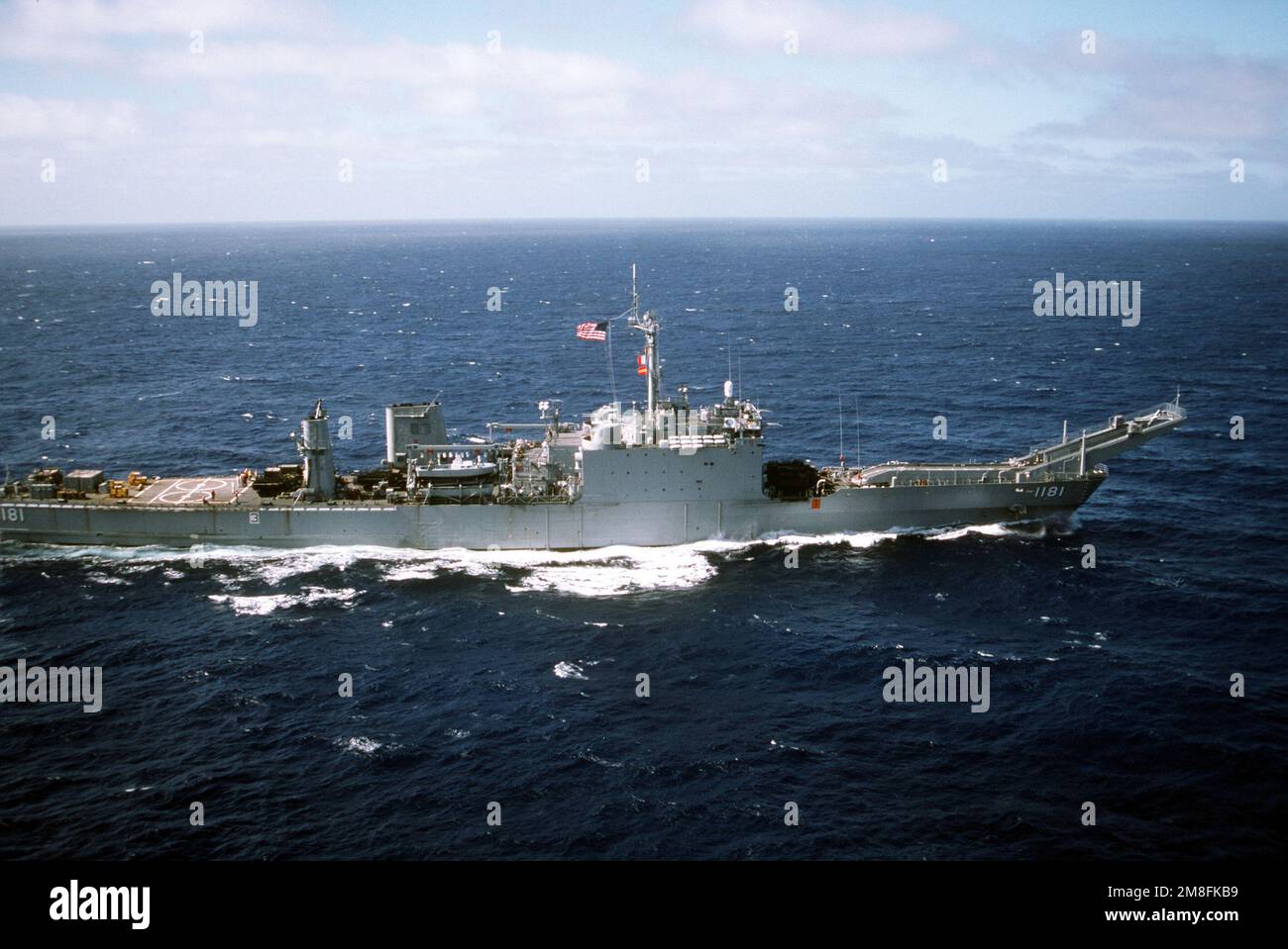 A starboard beam view of the tank landing ship USS SUMTER (LST-1181 ...