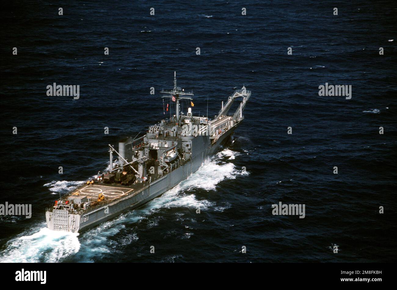 A starboard quarter view of the tank landing ship USS SUMTER (LST-1181 ...