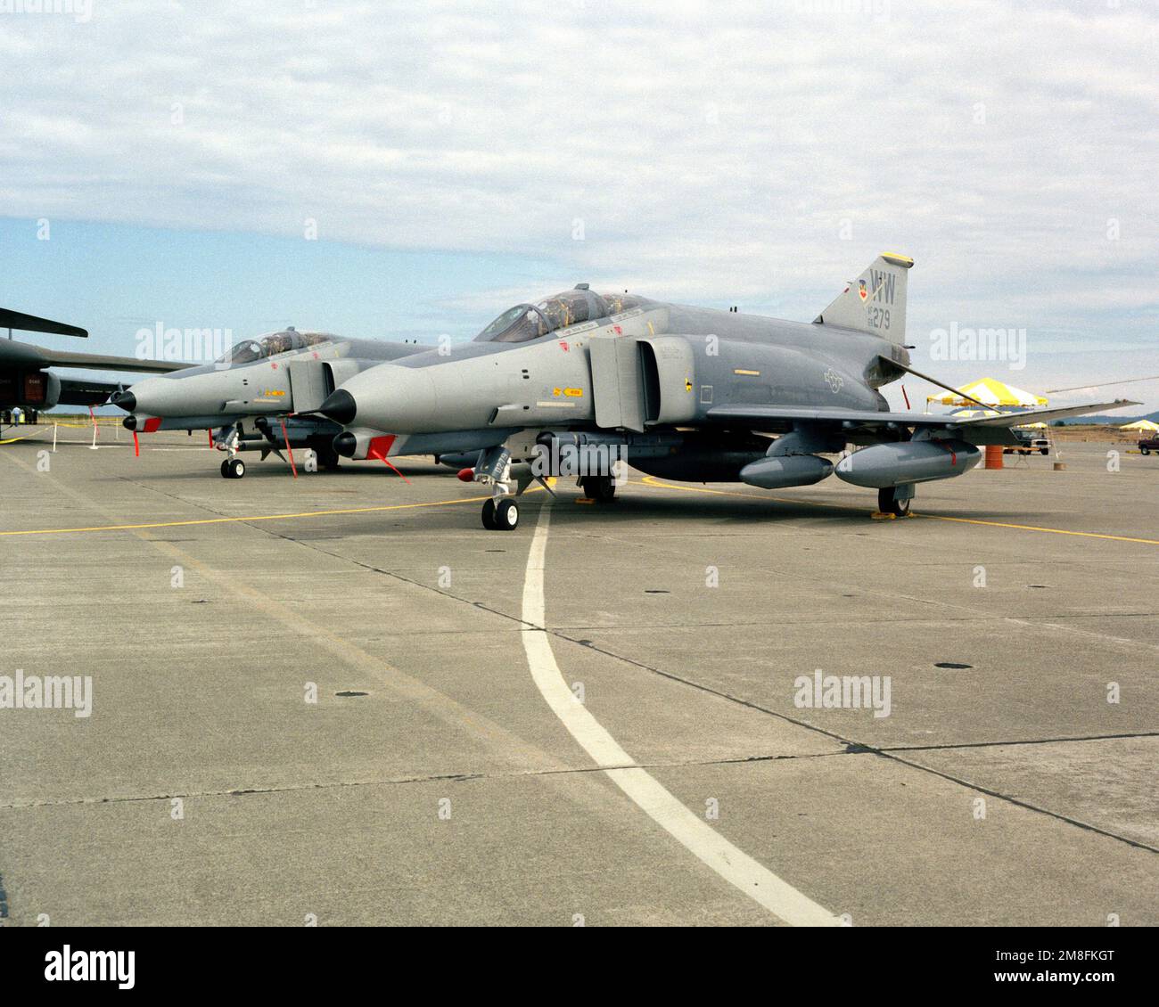 A pair of F-4G Phantom II Advanced Wild Weasel aircraft is exhibited on ...