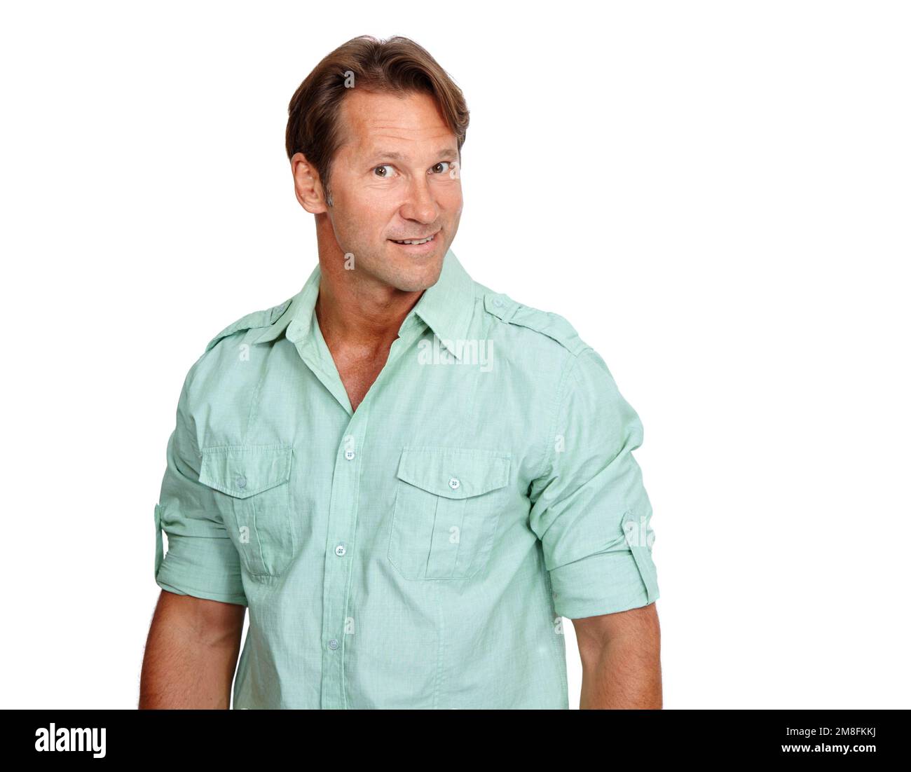 Handsome man, portrait smile and standing with casual clothing against ...