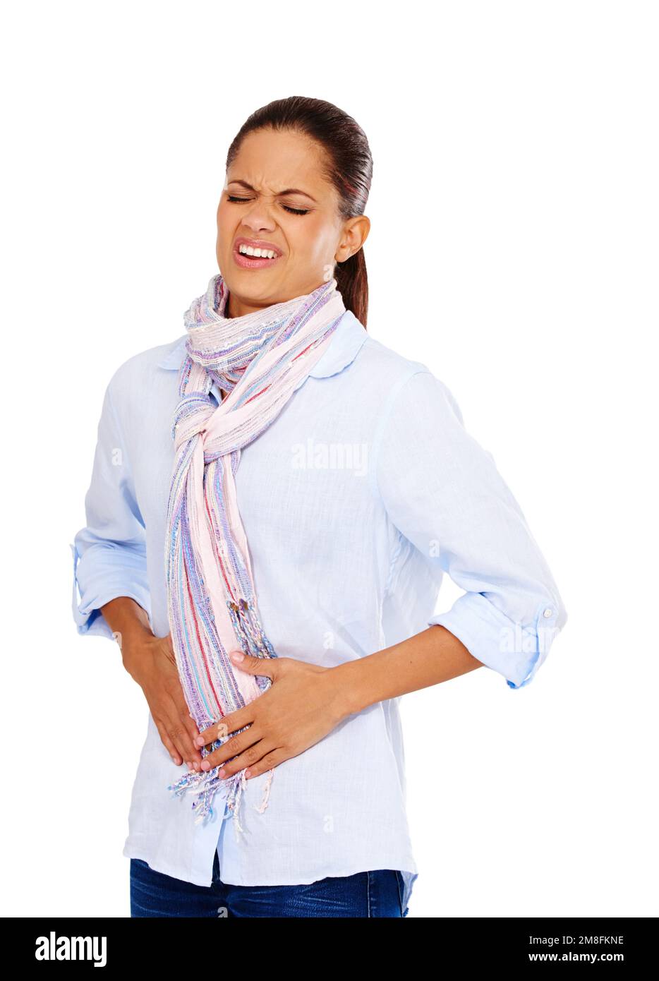 Colon, digestion or constipation and a model black woman in studio ...