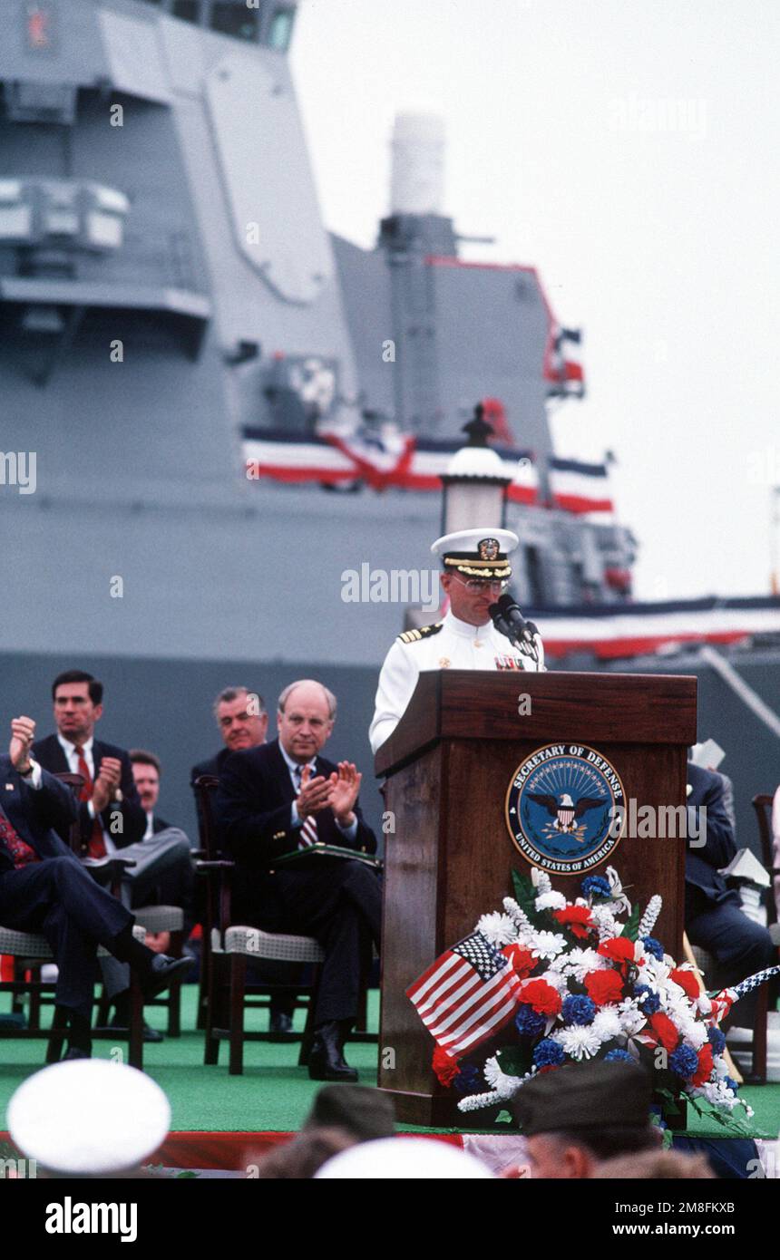 CMDR. John G. Morgan Jr. speaks during the commissioning of the guided ...