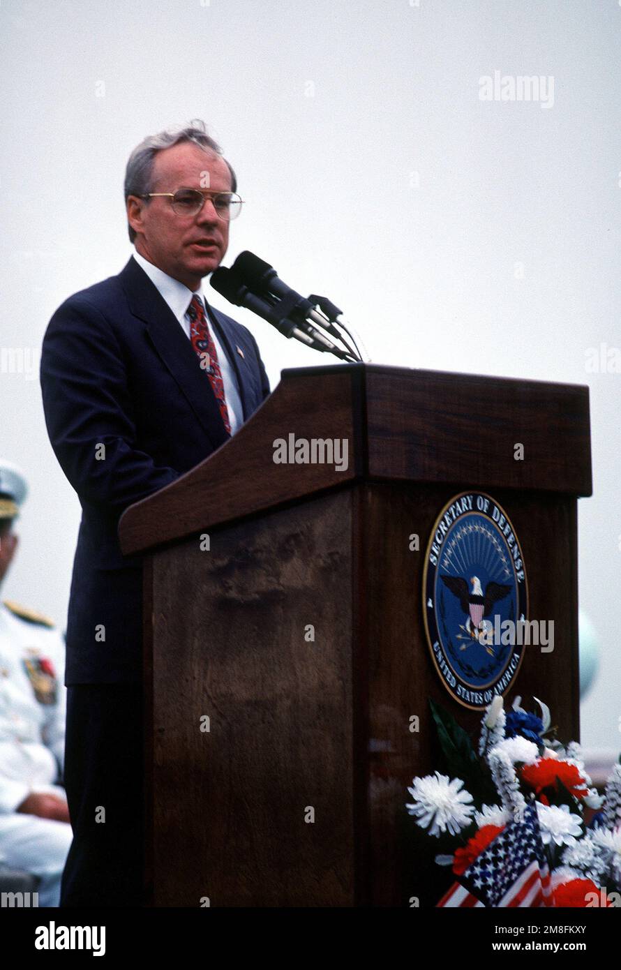 Secretary of the Navy H. Lawrence Garrett III addresses the crowd ...