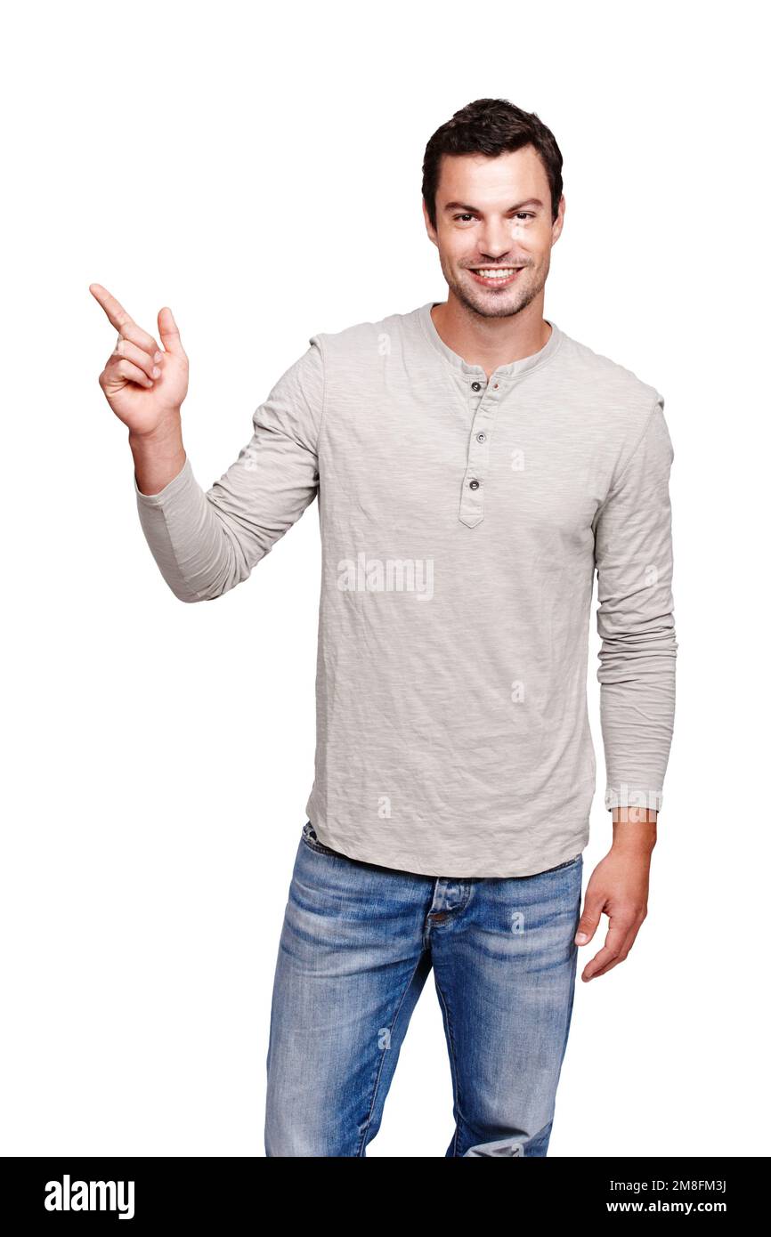 Man, pointing finger and studio portrait with mockup space for ...