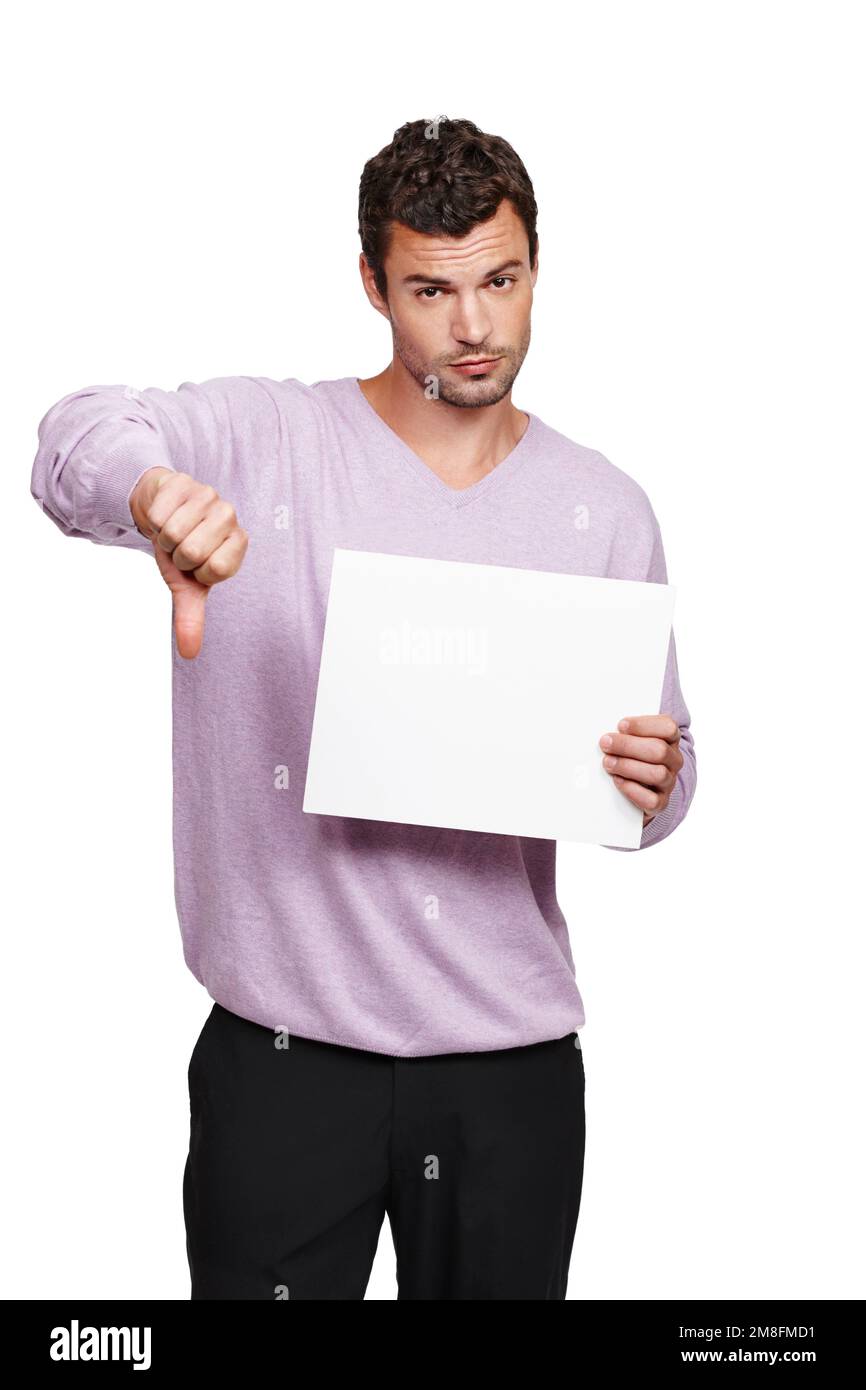 Man, thumbs down hand sign and portrait of model show marketing and ...