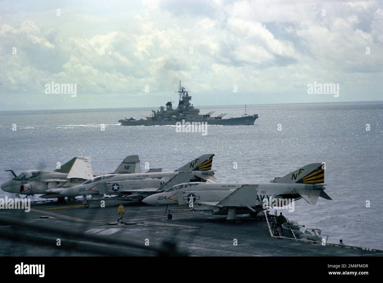 A starboard view of the battleship USS NEW JERSEY (BB-62) as the ship ...
