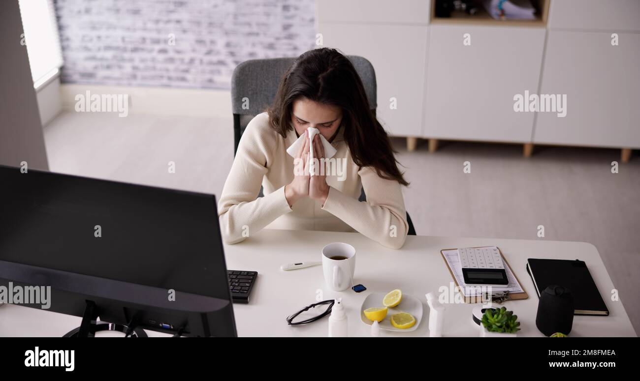 Sick Office Employee Sneezing At Work. Business Executive Stock Photo ...