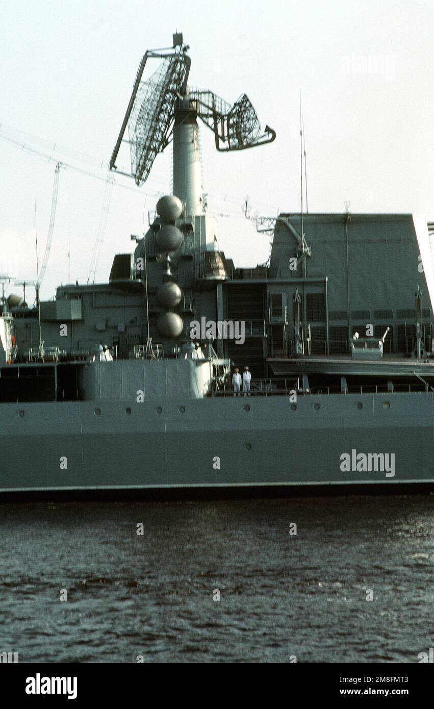 A port side amidships view of the Soviet guided missile cruiser MARSHAL ...