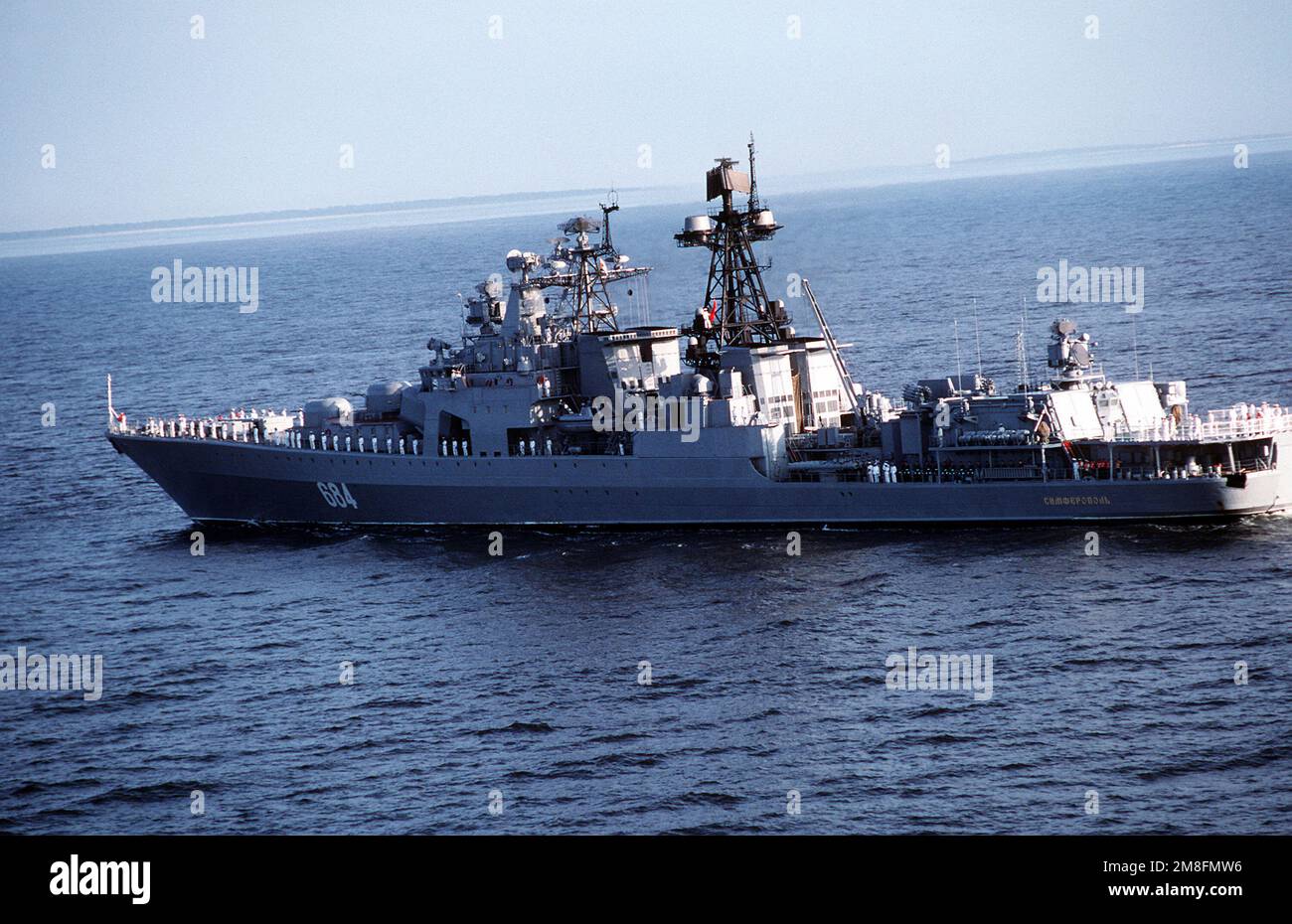 Crew members man the rails aboard the Soviet Udaloy-class guided ...