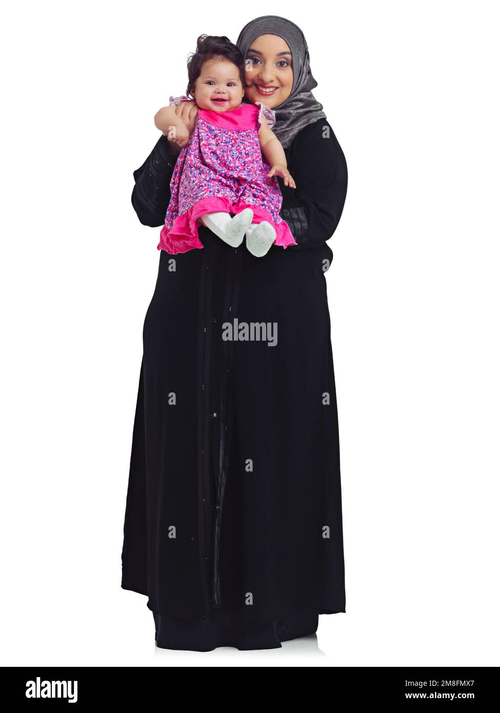 Islam, body portrait of mother and baby, proud mama happy in hijab and ...