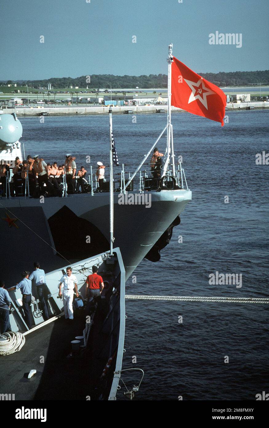 The Soviet naval jack flies from the bow of the Slava class guided ...