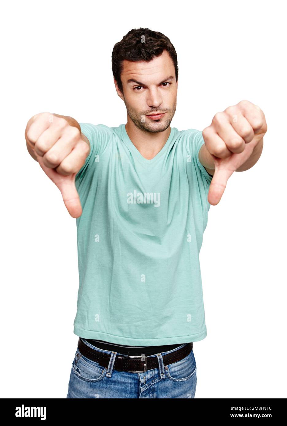 Thumbs down, man and studio portrait, white background and isolated for ...