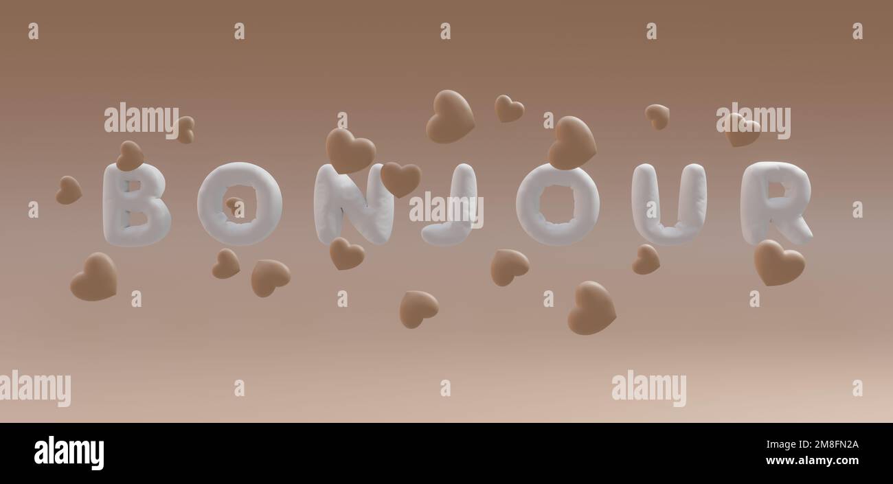 Bonjour text balloons letters with hearts on beige color background. 3d ...