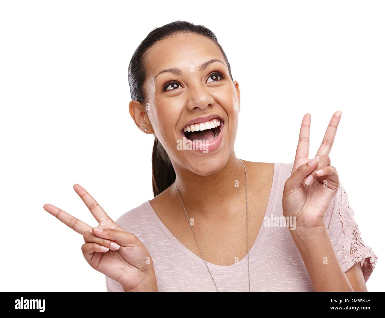 Peace sign, hands and face of woman on a white background for happy ...