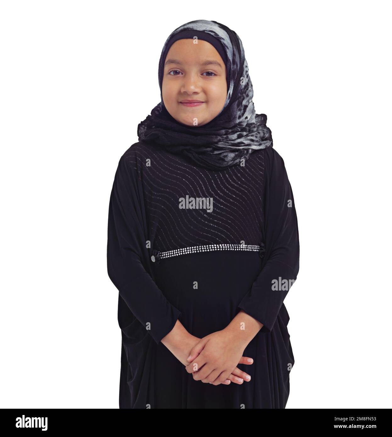 Islamic fashion, young girl and smile standing in white background for ...