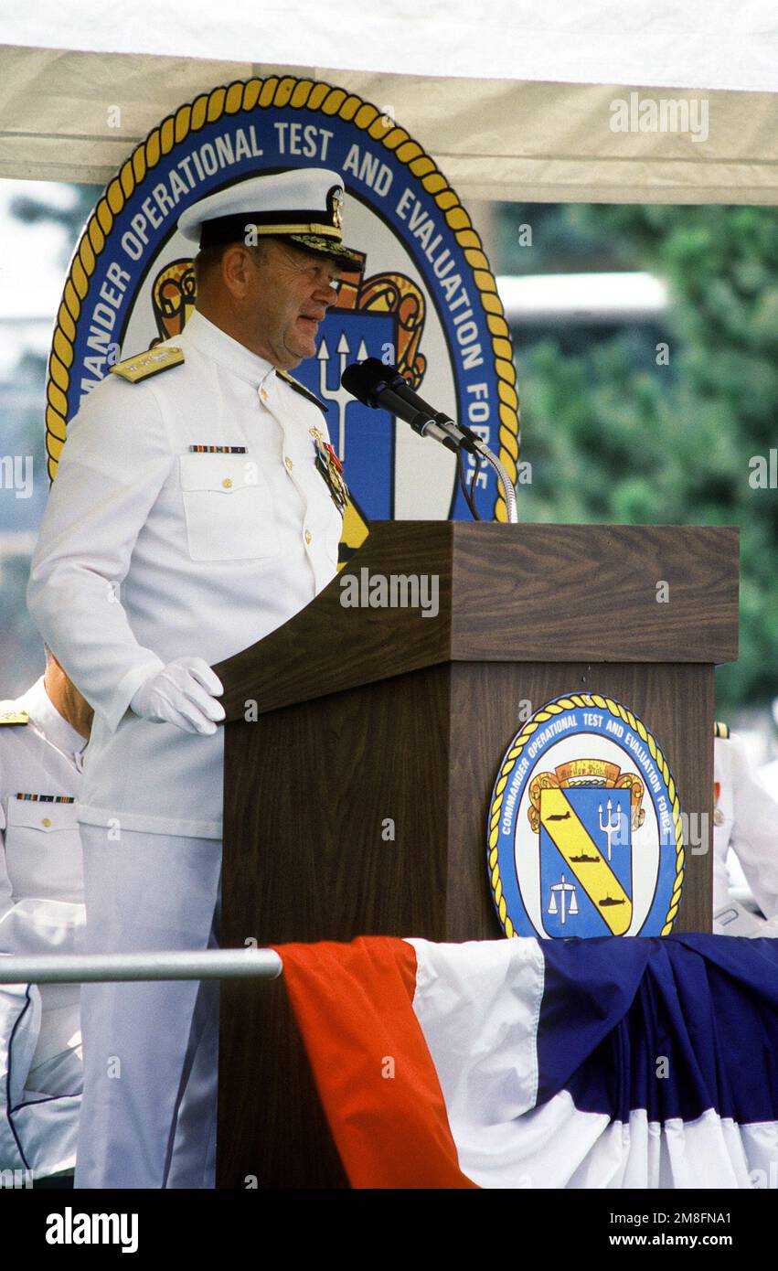 RADM Hugh L. Webster speaks during the change of command ceremony at ...