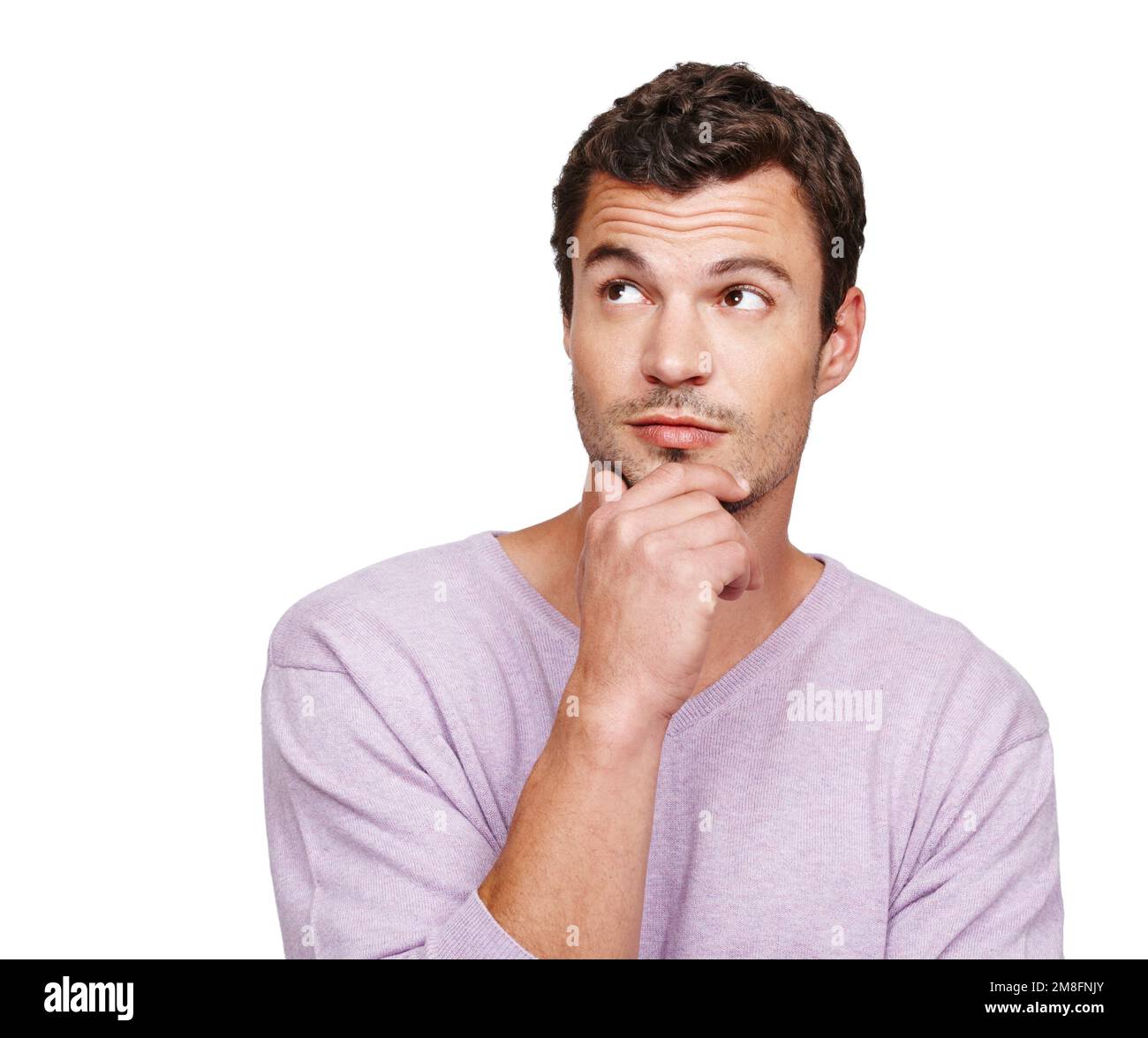 Man, thinking and face with idea at mockup space for advertising ...