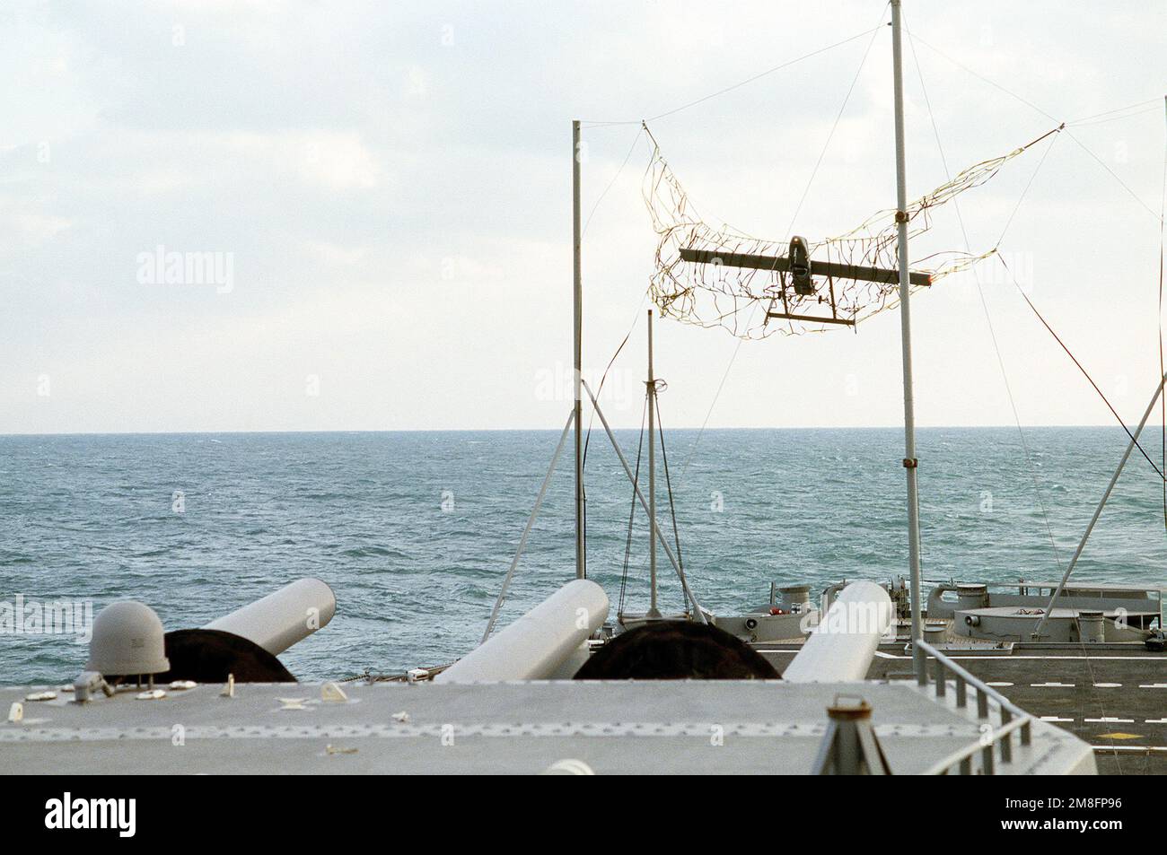 A Pioneer remotely piloted vehicle (RPV) is recovered in a net near the ...
