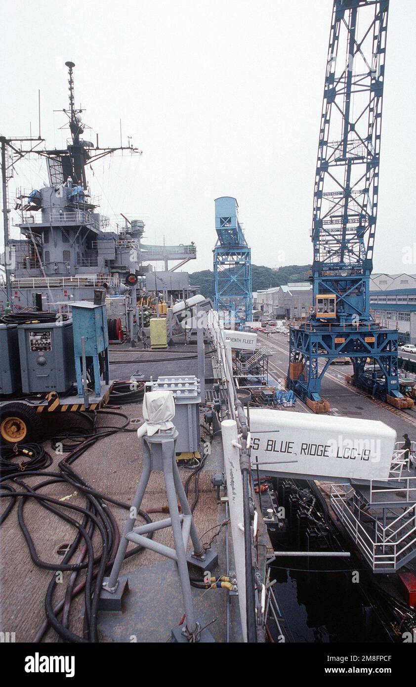 A view of equipment on the deck of the amphibious command ship USS BLUE ...