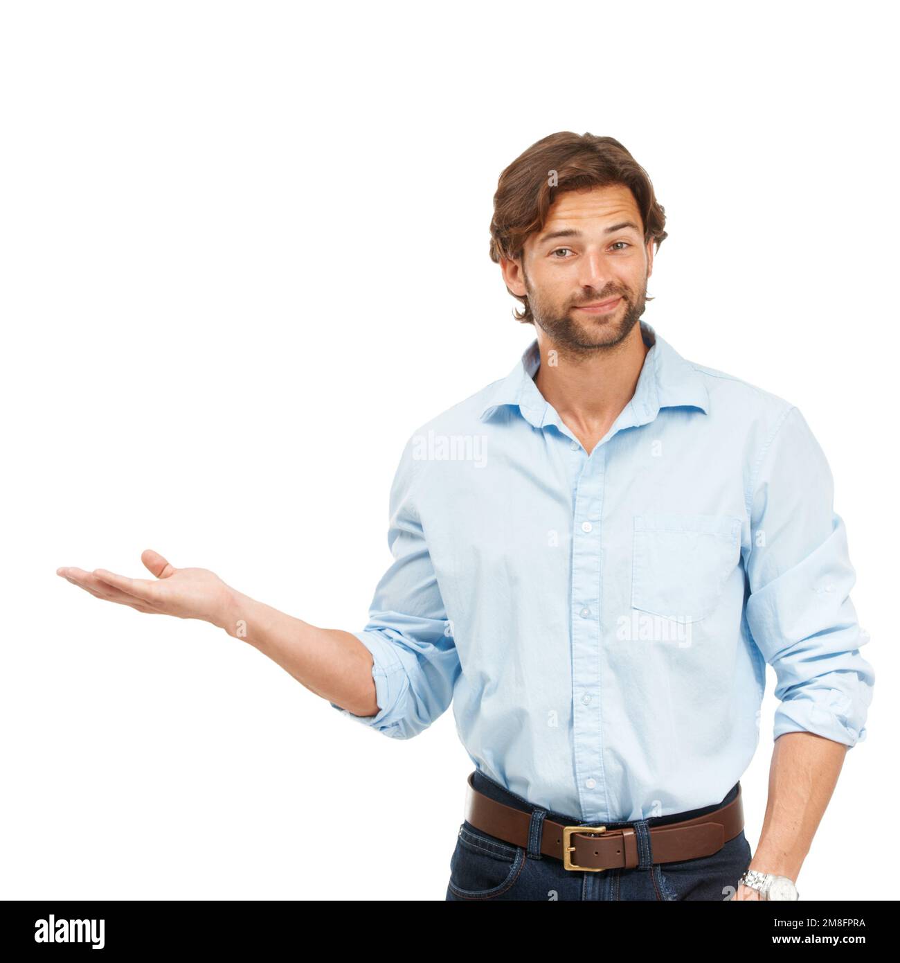 Portrait, businessman and hand with space for gesture or idea on studio ...