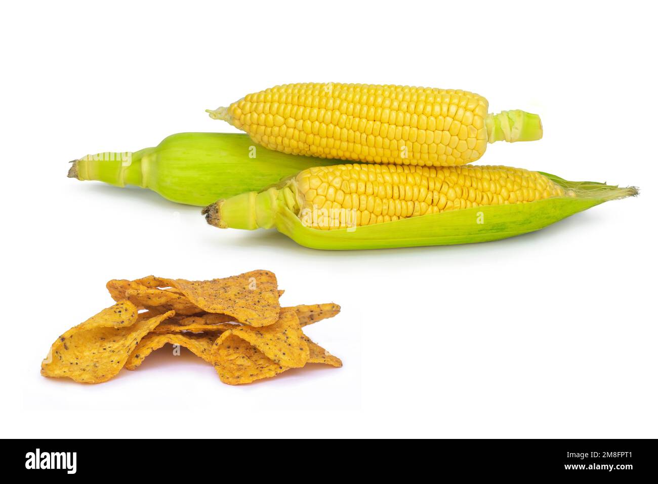 Fresh corn and corn chips on isolated white background Stock Photo - Alamy