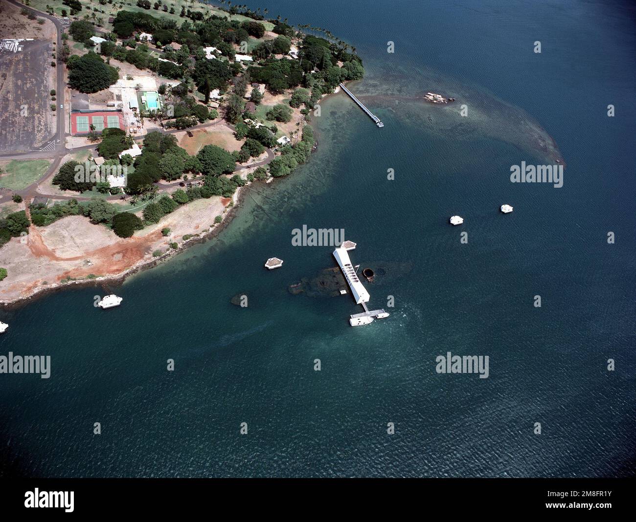 An aerial view of the USS ARIZONA MEMORIAL, center, and a portion of ...