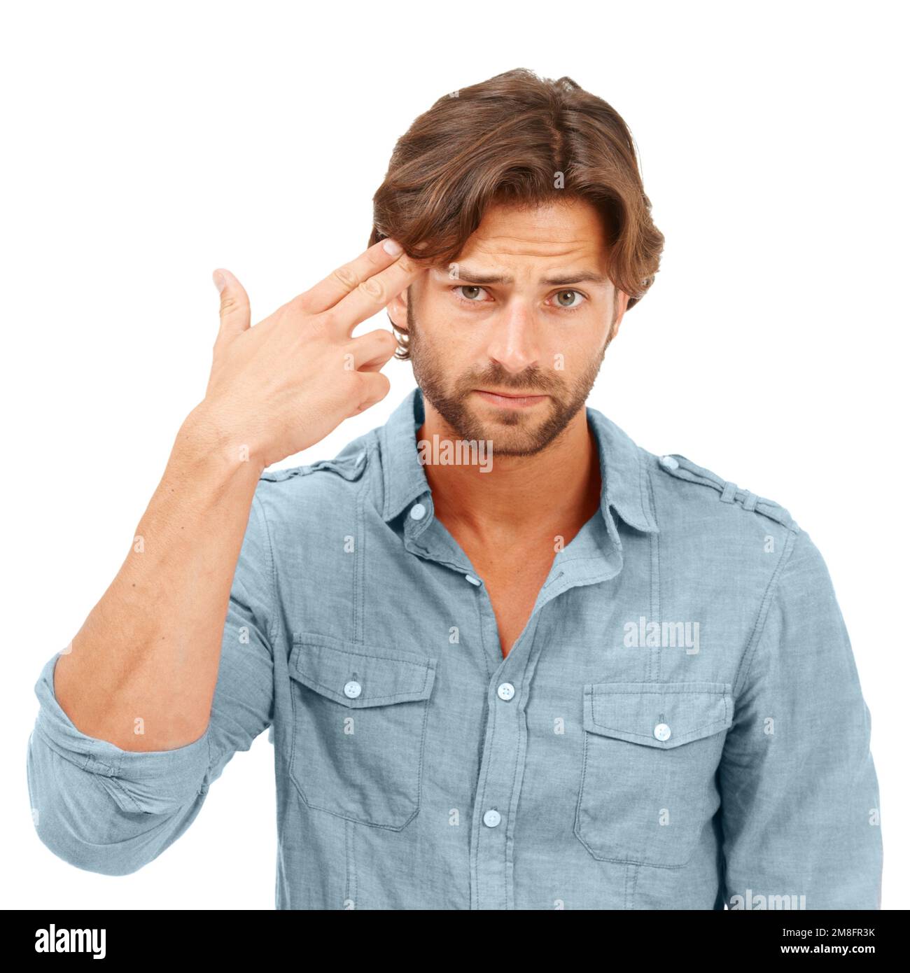 Depression, portrait and gun hand of man for stress, sadness and ...