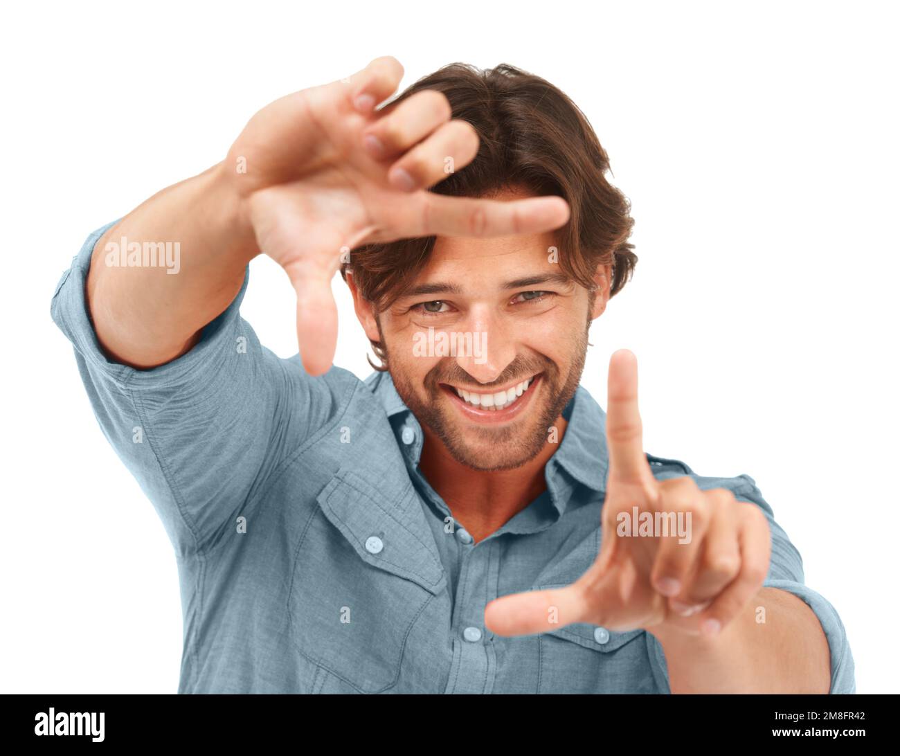 Happy, portrait and man with hand frame for idea, creativity and ...