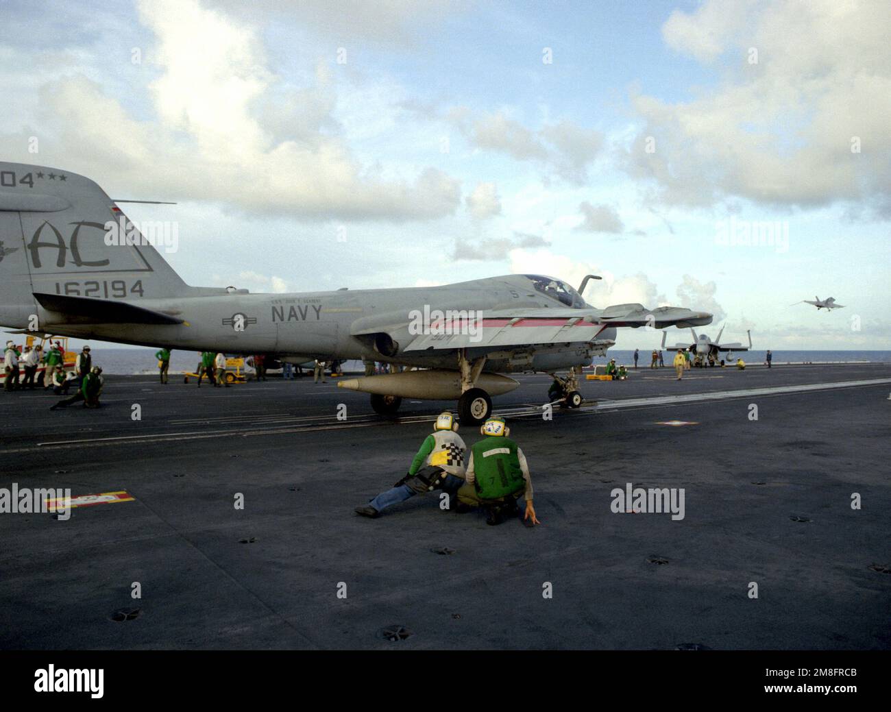An Attack Squadron 75 (VA-75) A-6E Intruder aircraft is readied for ...