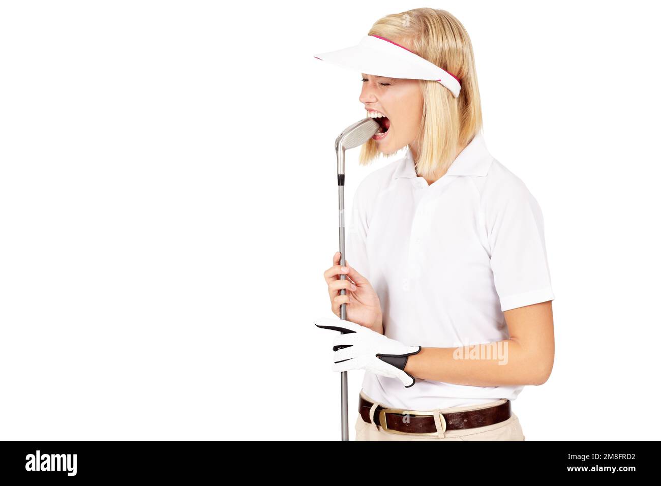 Golf, club and frustrated sports woman with marketing mock up, studio ...