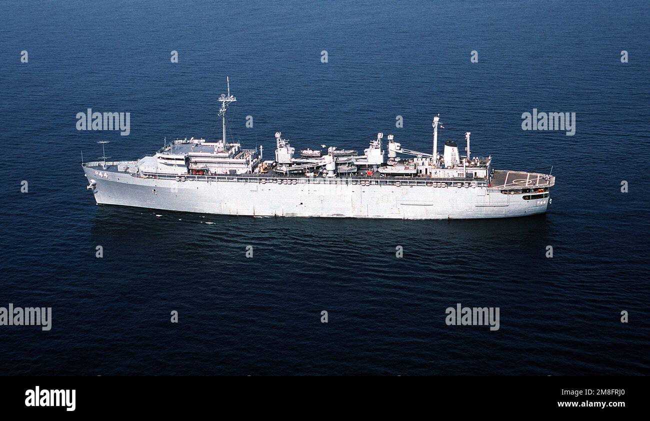 An aerial port beam view of the destroyer tender USS SHENANDOAH (AD-44 ...