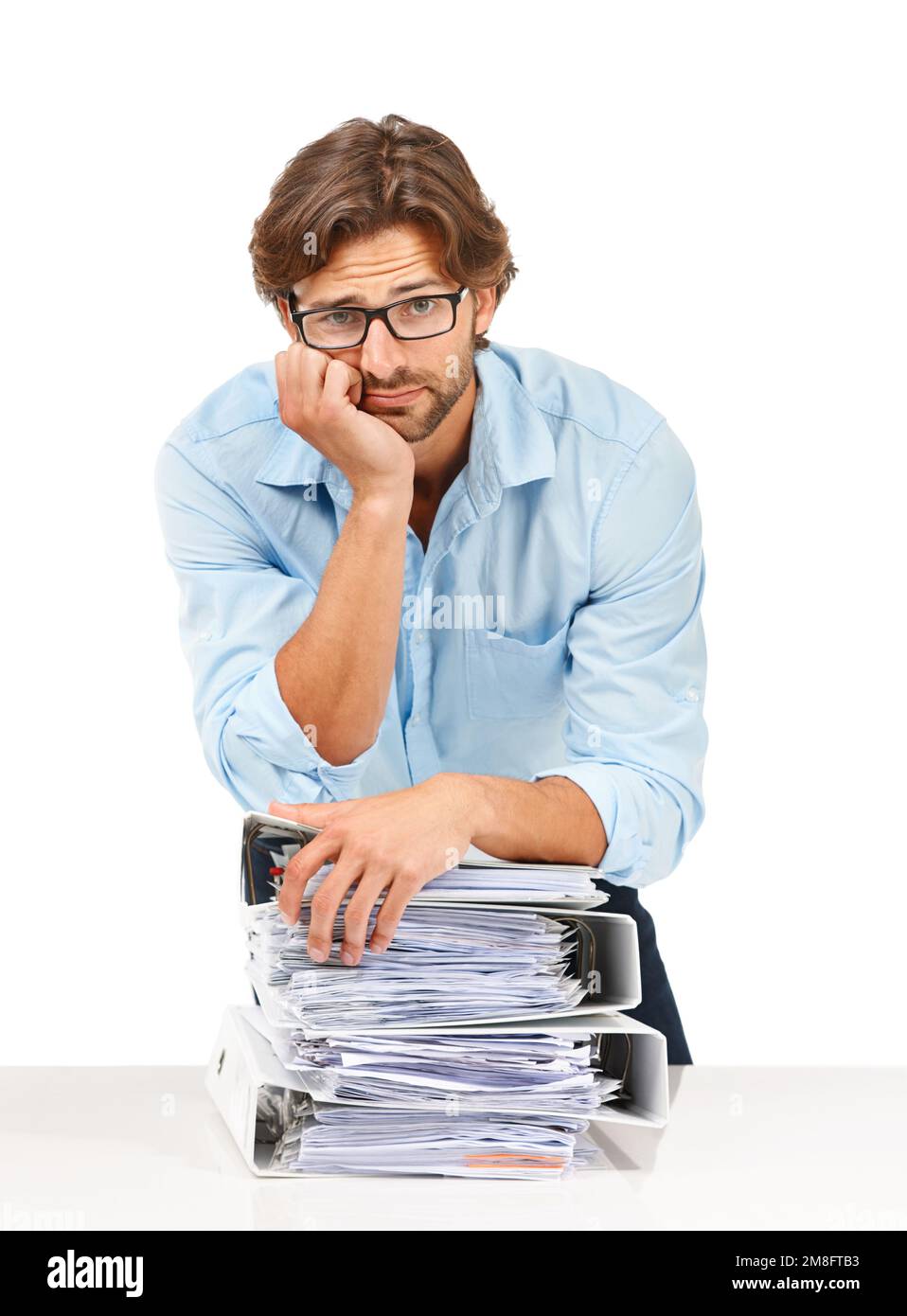 Burnout, stress and businessman with stack of paperwork on desk for ...