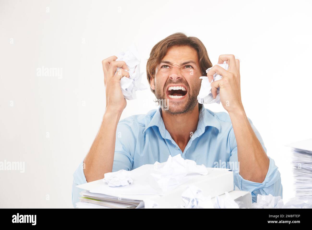 Angry, stress and burnout in businessman with crumpled paper for ...