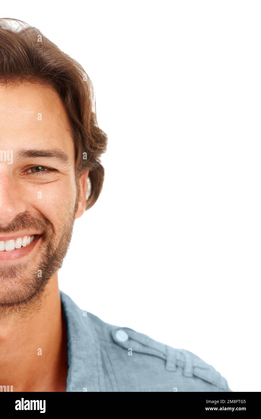 Happy, man and portrait of a model face with a smile and beard with ...