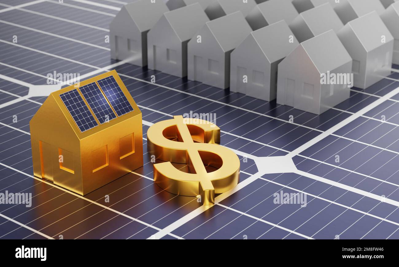 golden house model with Solar panels on the roof and a USD currency ...