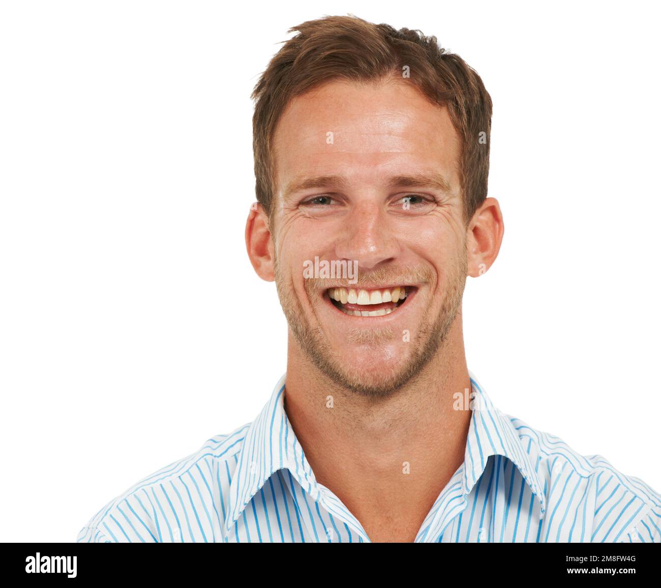 Portrait, laughing businessman and face with white background ...
