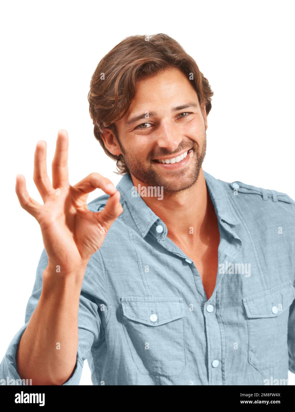 Man with smile, Ok hand sign and agreement in portrait, good review ...